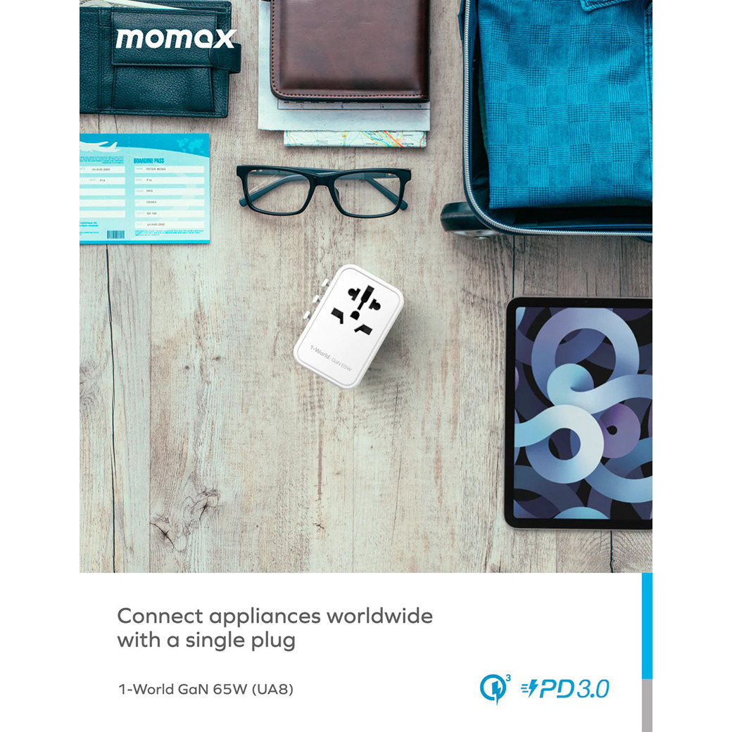 หัวแปลงปลั๊กไฟ Momax รุ่น 1-World 65W GaN AC Travel Adaptor - สีดำ | Vgadz